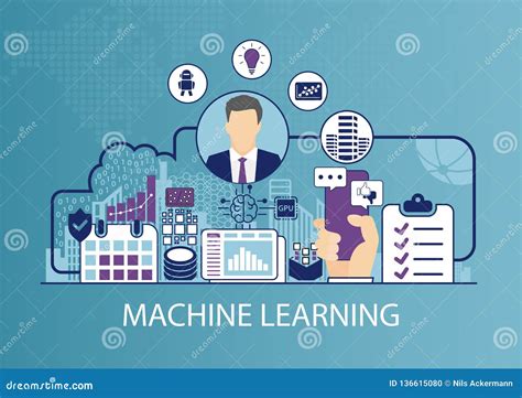 Machine Learning Vector Illustration With Business Man And Icons Stock Vector Illustration Of