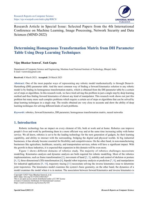 Pdf Determining Homogenous Transformation Matrix From Dh Parameter Table Using Deep Learning