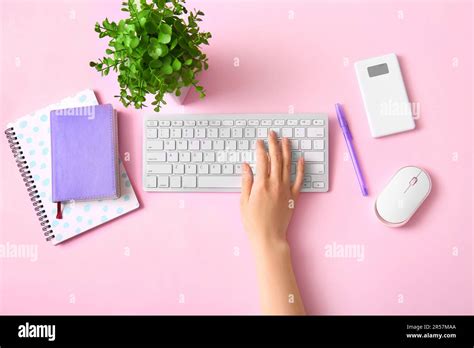 Female Programmer Using Computer Keyboard With Mouse And Notebooks On Pink Background Stock