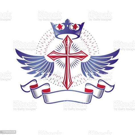 날개 달린된 기독교 십자가 상징 로얄 크라운 및 럭셔리 리본으로 구성 팔의 문장 학 외 투 장식 기호 고립 벡터 일러스트 레이 션 종교와 영 성 테마 기호입니다 기도하기에