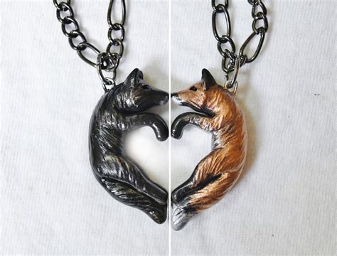 Black Wolf And Fox Necklaces Love His And Hers Heart Kissing Couple Bff