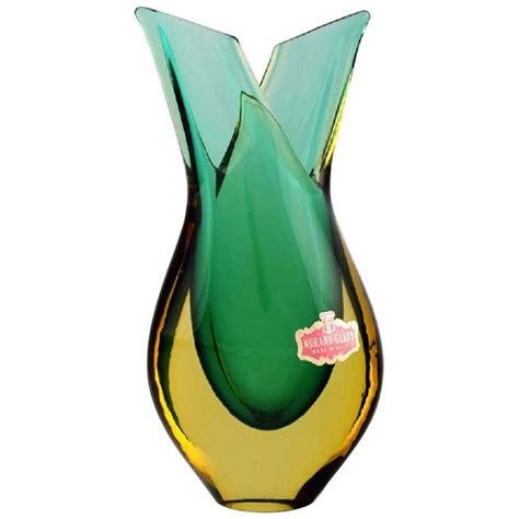 Finnish Glass Artist Vase In Green Mouth Blown Art Glass 1970s For