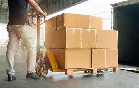 팔레트의 포장 상자를 화물 컨테이너 트럭에 하역하는 작업자 배송 창고 배달 서비스 배송 상자 공급망 창고화물 물류 운송 건강관리와 의술에 대한 스톡 사진 및 기타 이미지