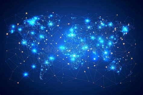 Abstract Global Network Connection World Map With Glowing Points And Lines On Blue Background