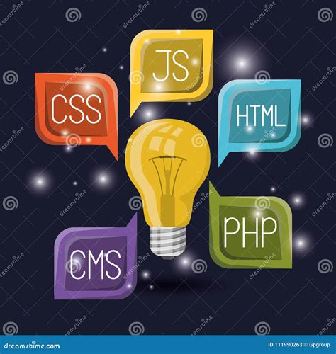 Blue Dark Background With Brightness Of Light Bulb With Web Programming Language Codes Stock