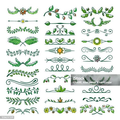 녹색 텍스트 구분 페이지 구분 기호 디자인 집합입니다 멋진 국경 월계수 문자에 대한 스톡 벡터 아트 및 기타 이미지 문자