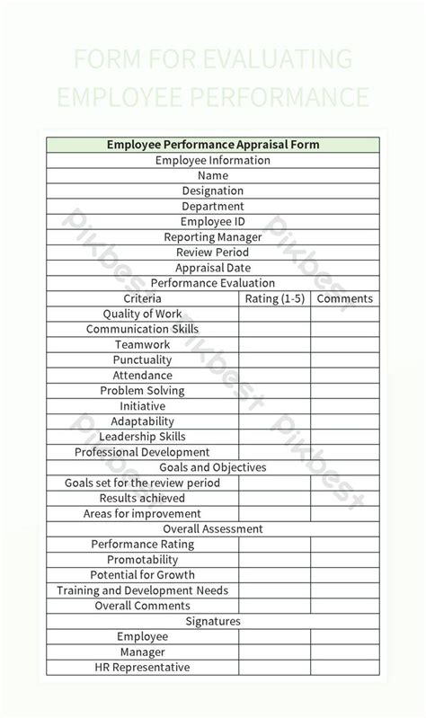 Employee Performance Evaluation Form A Comprehensive Guide Excel Template Free Download Pikbest