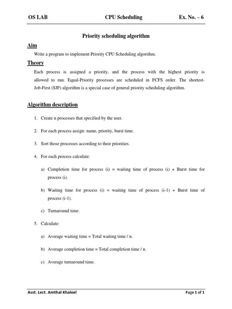Os Lab Cpu Scheduling Ex No 6 Asst Lect Amthal Khaleel Pdf