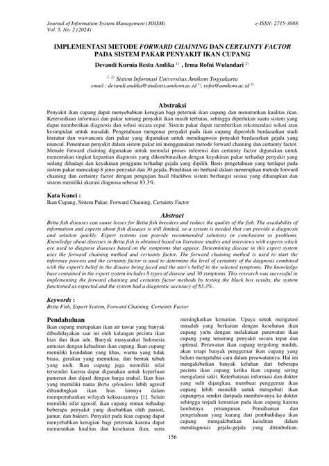 PDF IMPLEMENTASI METODE FORWARD CHAINING DAN CERTAINTY FACTOR PADA