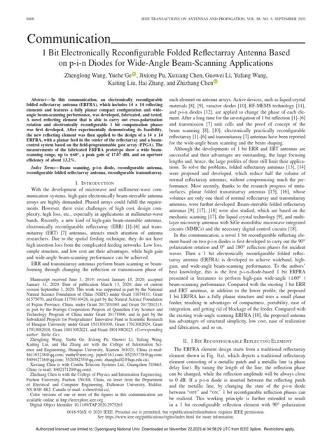 1 Bit Electronically Reconfigurable Folded Reflectarray Antenna Based On P I N Diodes For Wide