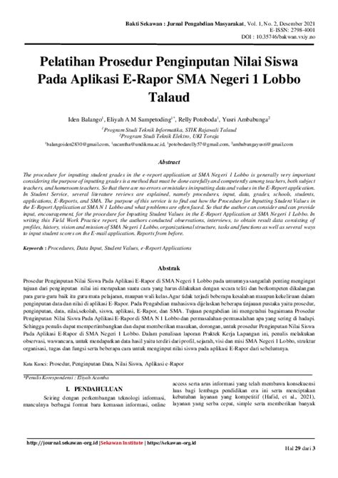 Pdf Pelatihan Prosedur Penginputan Nilai Siswa Pada Aplikasi E Rapor Sma Negeri 1 Lobbo Talaud