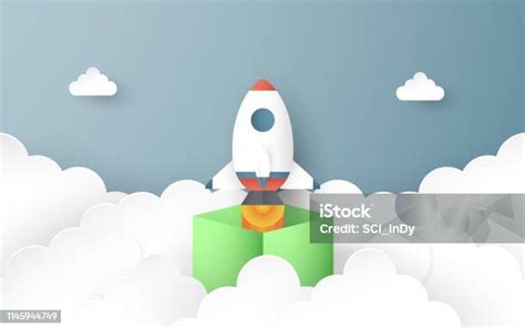 종이 절단 공예 및 종이 접기 스타일에서 시작 개념 벡터 일러스트 레이 션 로켓은 파란 하늘을 날고 있다 웹 배너 포스터 표지 광고에 대 한 템플릿 디자인입니다 아이 들을