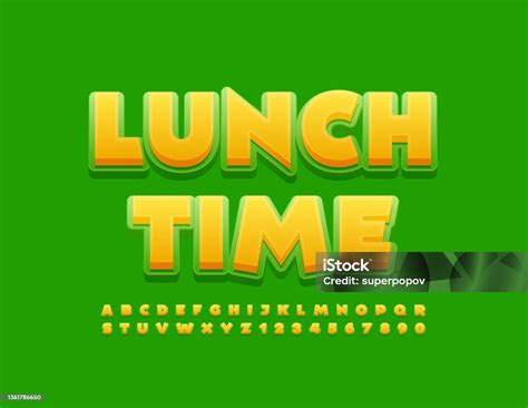 녹색 및 노란색 알파벳 문자 및 숫자 세트벡터 밝은 기호 점심 시간 시간에 대한 스톡 벡터 아트 및 기타 이미지 시간 점심