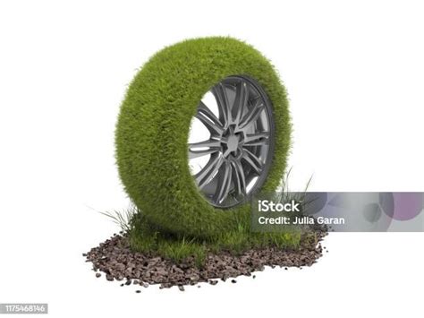 흰색 배경에 고립 된 녹색 잔디로 덮여 자동차 바퀴 환경 친화적 인 교통의 창조적 인 개념 적 그림 친환경 자동차 3d 렌더링