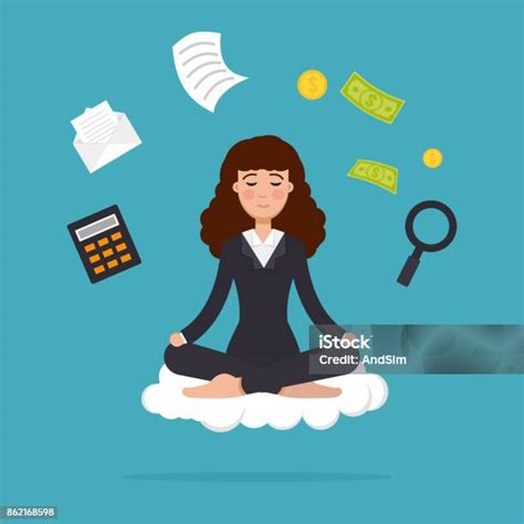 사무실 노동자 명상 로터스 포즈에 앉아입니다 비즈니스 여자 명상과 멀티태스킹 개념입니다 벡터 일러스트입니다 개념에 대한 스톡 벡터 아트 및 기타 이미지 Istock