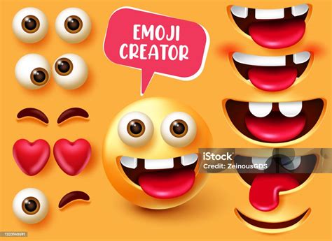 이모티콘 크리에이터 벡터 세트 디자인 이모티콘 3d 는 웃는 이모티콘 컬렉션을위한 눈 치아 및 입 요소와 같은 편집 가능한