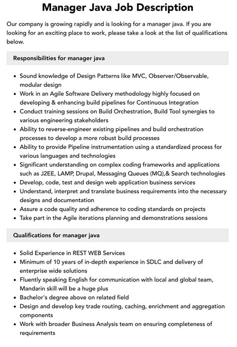 Manager Java Job Description Velvet Jobs