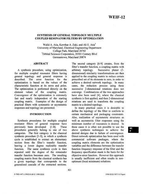 synthesis of general topology multiple coupled resonator filters pdf