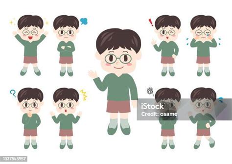 자식의 벡터 그림입니다 소년 감정 행복 화가 울고 웃고 고민하고 참을성이 없습니다 다양한 얼굴 표정과 제스처 아이콘 집합입니다 가리키기에 대한 스톡 벡터 아트 및 기타