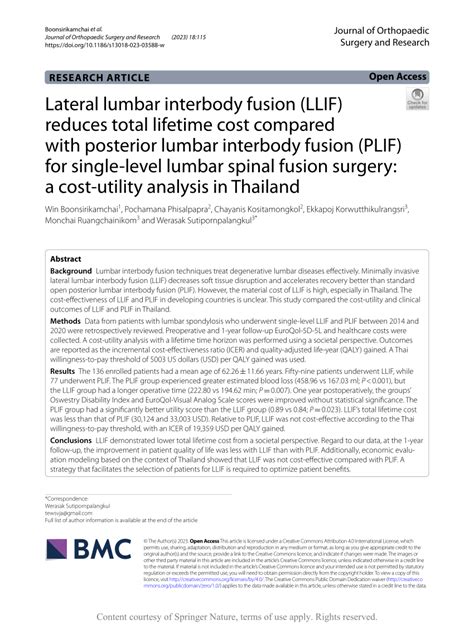 Pdf Lateral Lumbar Interbody Fusion Llif Reduces Total Lifetime Cost Compared With Posterior