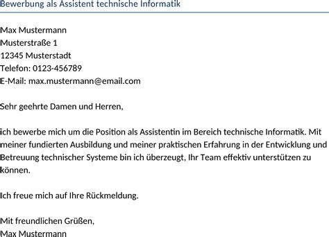 Word Vorlage Bewerbung Als Assistent Technische Informatik