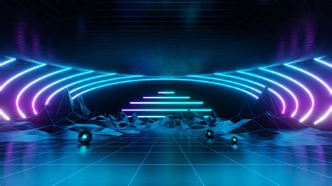 3d 추상적 다각형 구조의 기하학적 풍경 배경 메타 버스 사이버 공간 가상 현실 연단 쇼 제품 제품 장소 컬러 네온 조명 복고풍 공상 과학 스타일 0명에 대한 스톡 사진 및