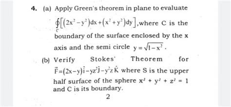 4 A Apply Green S Theorem In Plane To Evaluate C 2x2y2 Dx X2 Y2 D