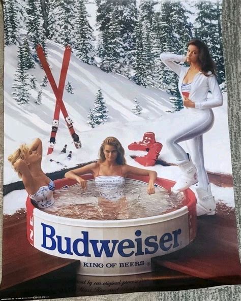 Vintage 1989 Budweiser Beer Poster Sexy Girls In Hot Tub And Skiing Snow