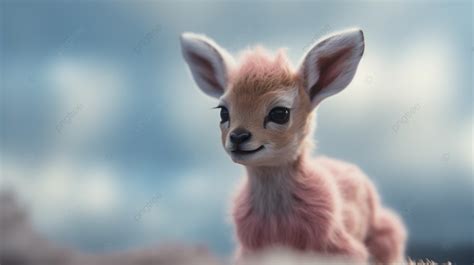 Cute Pink Deer On The Hill Looking Forward Background Antelope Pink
