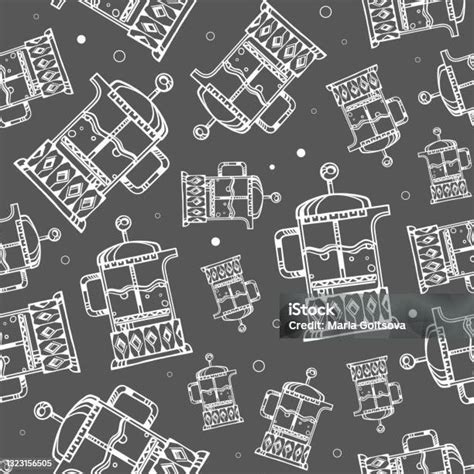 차와 커피숍을 테마로 매끄러운 패턴을 벡터로 만듭니다 회색 배경에 흰색 프렌치 프레스 주전자의 손으로 그린 그림 벽지 포장지 직물 인쇄용 가을에 대한 스톡 벡터 아트 및