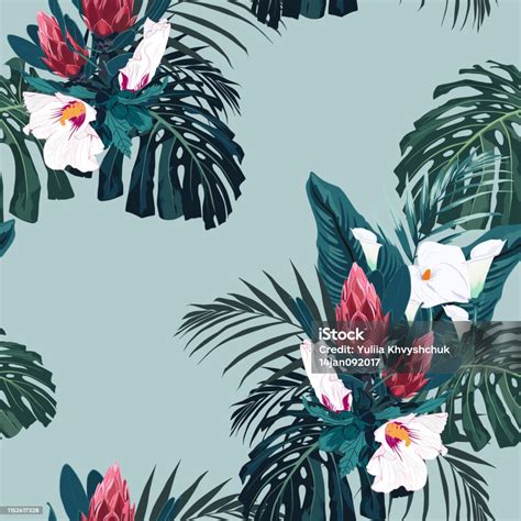벡터 원활한 트로피컬 패턴 팜 몬스 테라 바나나 잎과 히 비 스커 스 꽃과 함께 생생한 트로픽 단풍 현대 밝은 여름 인쇄