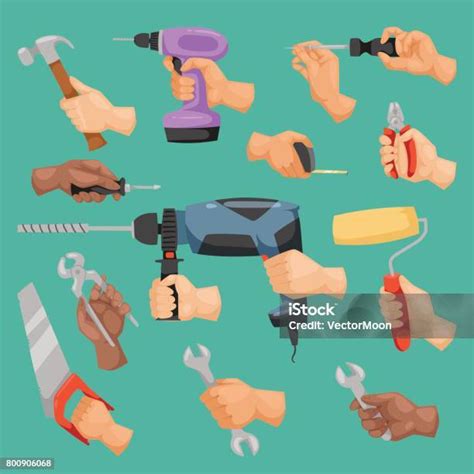 인간의 노동자 손 건설 수리 악기 도구를 들고 벡터 만화 스타일 리노베이션에 대한 스톡 벡터 아트 및 기타 이미지 리노베이션 벡터 손 Istock