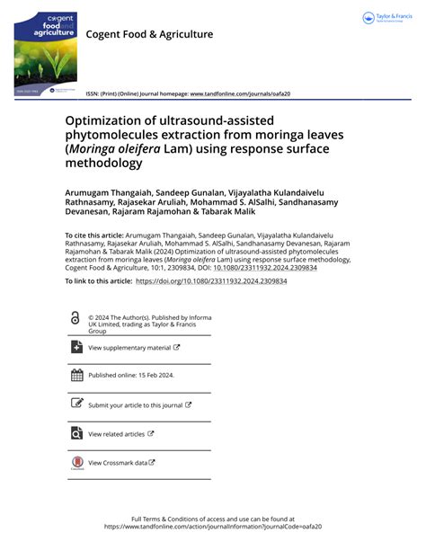 Pdf Optimization Of Ultrasound Assisted Phytomolecules Extraction From Moringa Leaves Moringa
