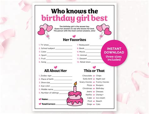 Who Knows The Birthday Girl Best Printable Birthday Girl Trivia Game