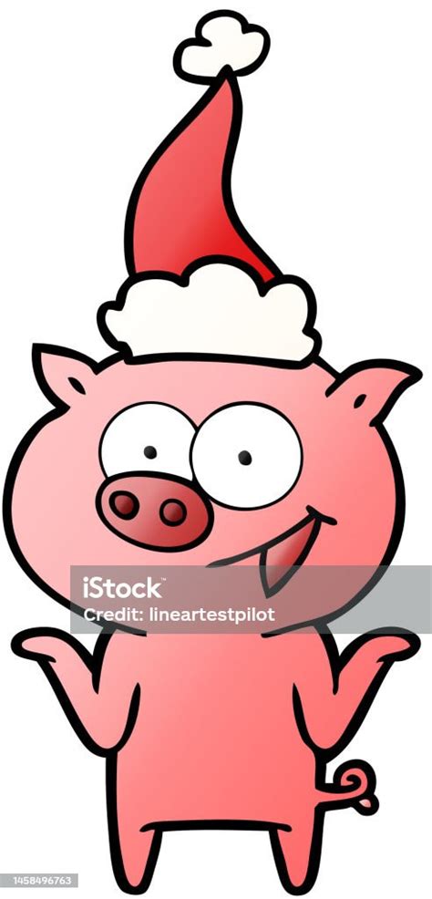 산타 모자를 쓰고 걱정 없는 돼지의 손으로 그린 그라데이션 만화 그라데이션에 대한 스톡 벡터 아트 및 기타 이미지 그라데이션 낙서 드로잉 농장 Istock