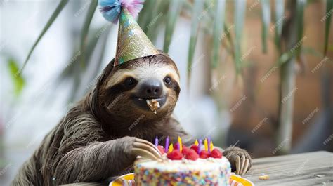 A Sloth Wearing A Birthday Hat Eats A Birthday Cake Premium Ai