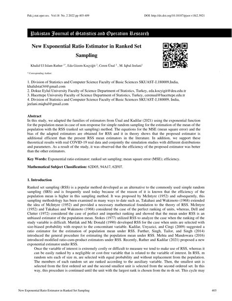 Pdf New Exponential Ratio Estimator In Ranked Set Sampling
