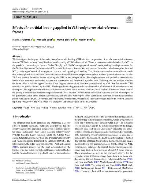Pdf Effects Of Non Tidal Loading Applied In Vlbi Only Terrestrial Reference Frames