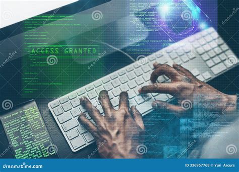 Hands Hacker And Typing On Computer For Crime Data Breach Hologram Or Cyber Attack Overlay