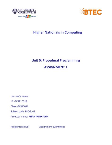 Prog102 Assigment 1 Higher Nationals In Computing Unit 0 Procedural Programming Assignment 1