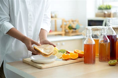 여자의 손과 콤부차 차와 함께 차 버섯을 들고 있는 코비 차 버섯 콤부차를 만들기 위한 발효 과정을 시작하는 스코비 차 버섯 소화 시스템의 균형을 잘 잡는 프로바이오틱 영양