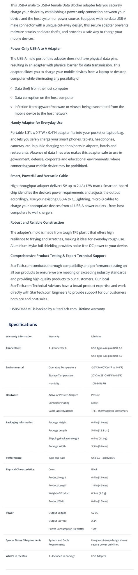 StarTech Secure Charging USB Data Blocker Adapter USBSCHAAMF Mwave