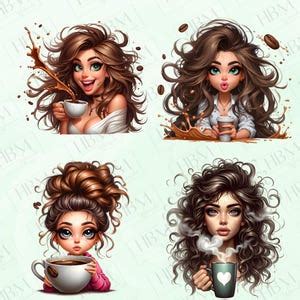 Quirky Coffee Girl Clipart Bundle Watercolor Messy Bun Png Funny