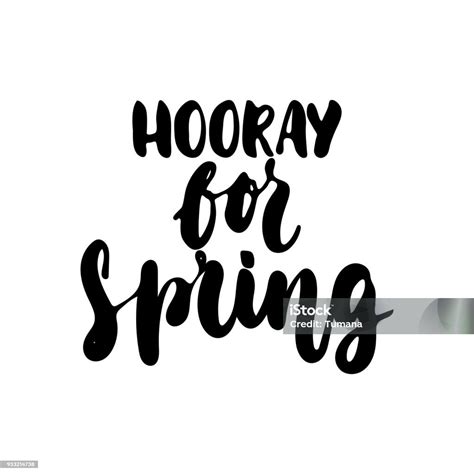 봄을 위한 Hooray흰색 배경에 고립 된 서 예 문구를 글자를 그려 손 배너 인사말 카드 포스터 디자인 사진 오버레이 대 한