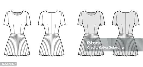 드레스 주름 테크니컬 패션 일러스트와 반소매 몸에 맞는 미니 길이 스커트 플랫 의류 전면 0명에 대한 스톡 벡터 아트 및 기타