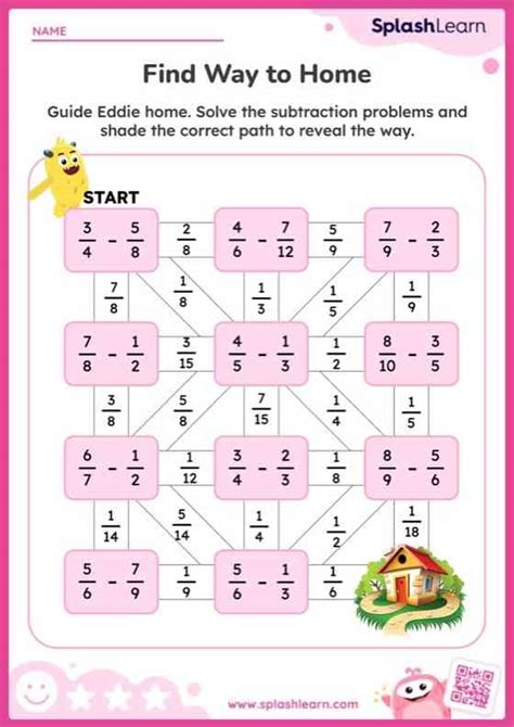 Finding Path By Subtracting Unlike Fractions — Printable Math Worksheet