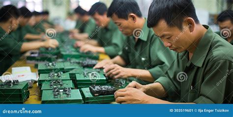 Efficient Teamwork And Synchronized Product Assembly And Inspection By Factory Workers Stock