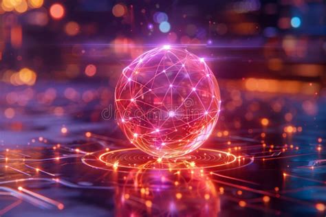 Futuristic Glowing Orb With Network Connections On Dark Background With Bokeh Lights Stock