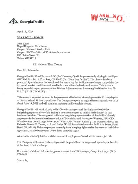 George Pacific Warn Act Notification Pdf Labour Relations Employment