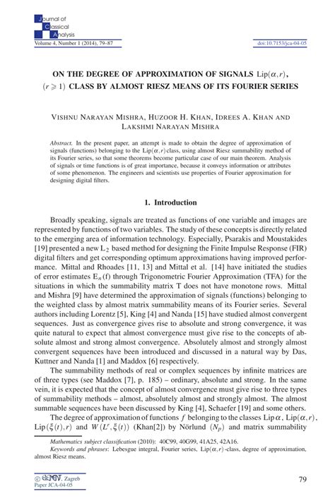 Pdf On The Degree Of Approximation Of Signals Lipαr R≥ 1 Class